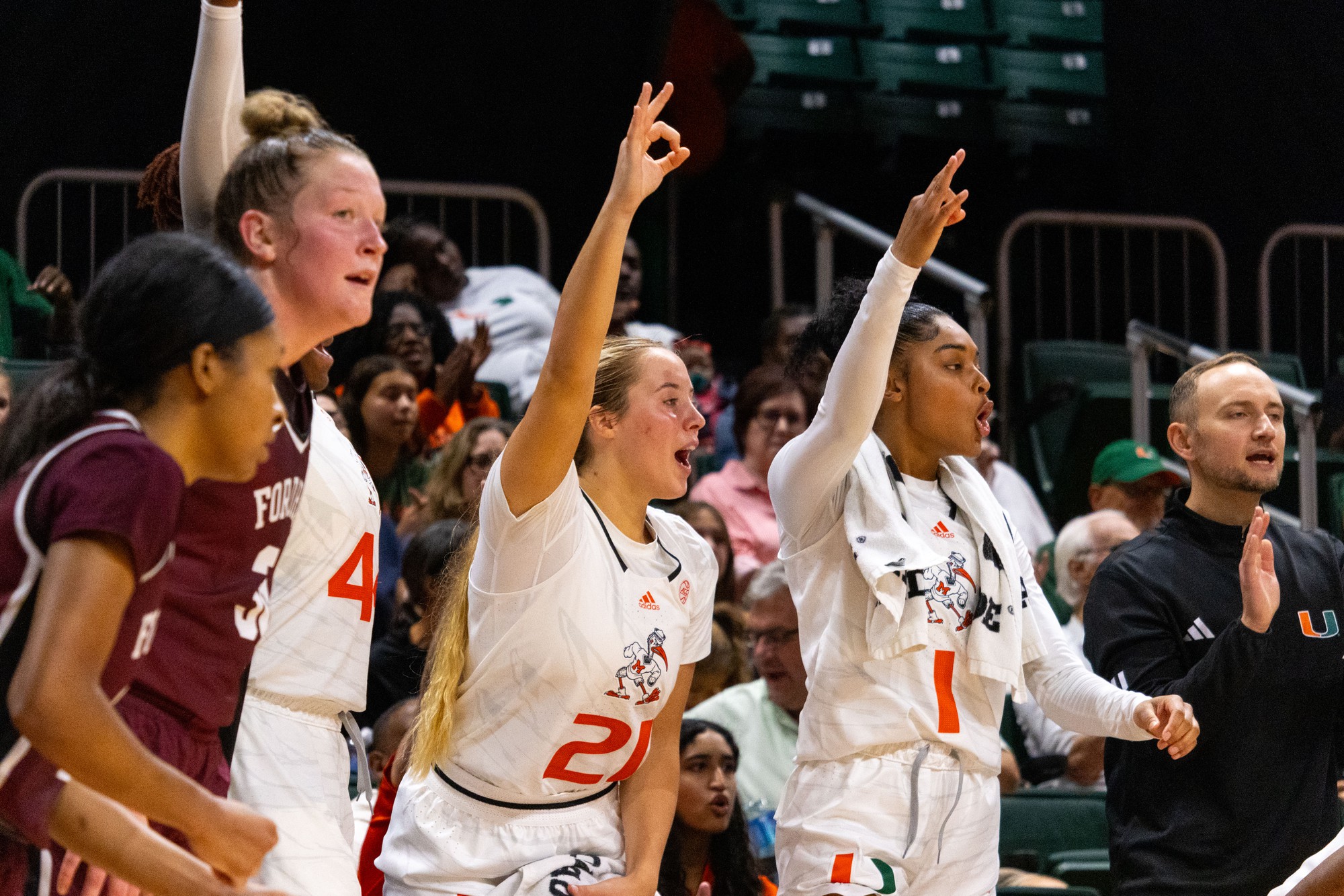 Miami WBB unveils Elite EIght banner before commanding win of Fordham ...